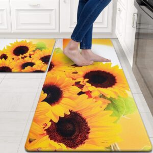 sunflower kitchen mat set anti fatigue 2 piece, floral kitchen rugs and mats non skid washable waterproof, cushioned pvc kitchen rug comfort mat for kitchen floor sink, 18'' x 48''+18'' x 30'', yellow