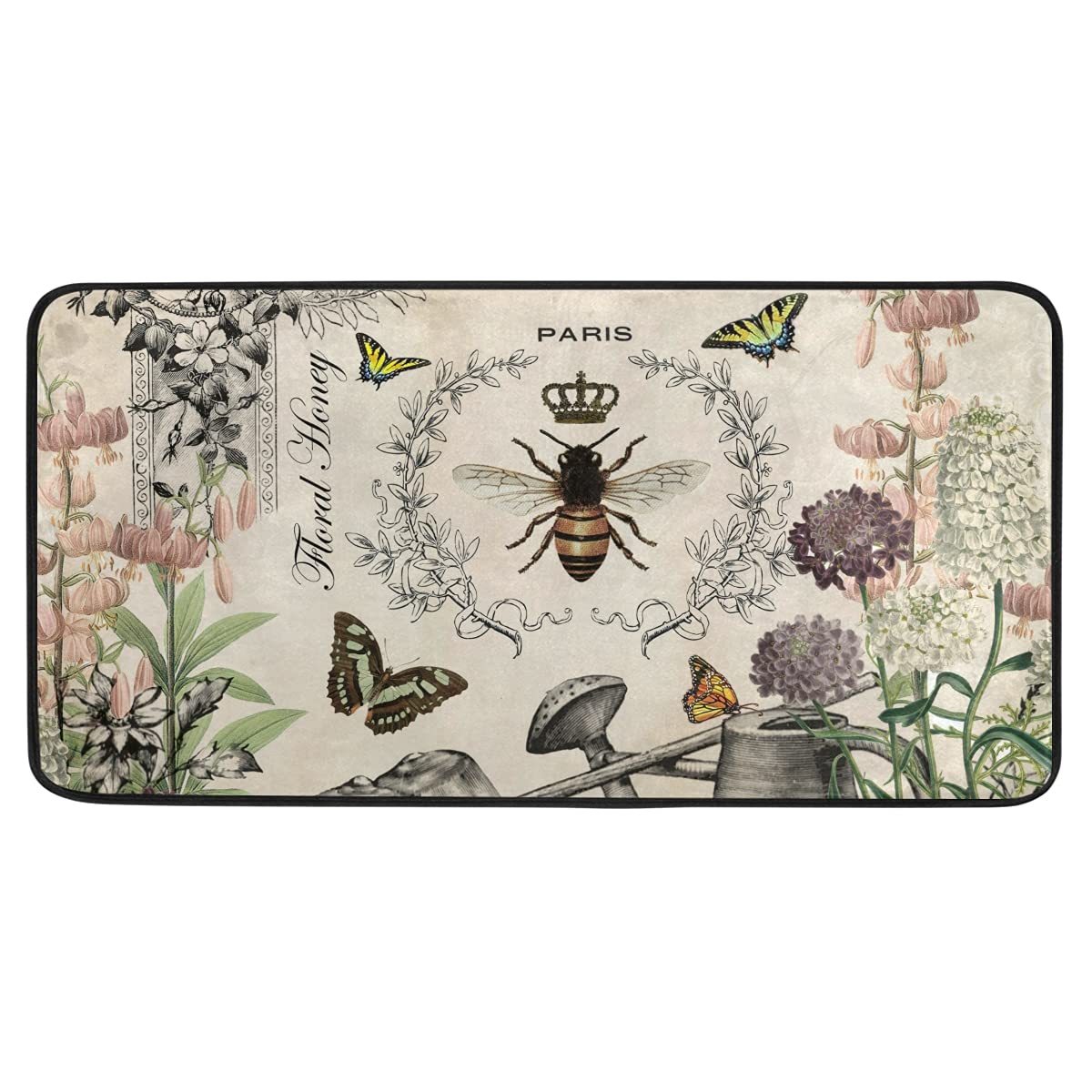 CHIFIGNO Vintage French Bee Garden Kitchen Rugs Cushioned Anti Fatigue Standing Mat Waterproof Non Slip for Kitchen, Floor Home, Office, Sink, Laundry 39" X 20"