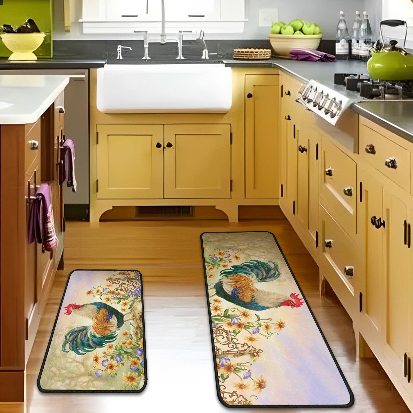 2Pcs Rooster Farmhouse Theme Rugs for Kitchen Floor 2 Pieces Farmhouse Style Kitchen Mats for Kitchen Decor Non Slip Washable Standing Kitchen Runner Mats 17"x30"+17"x47"