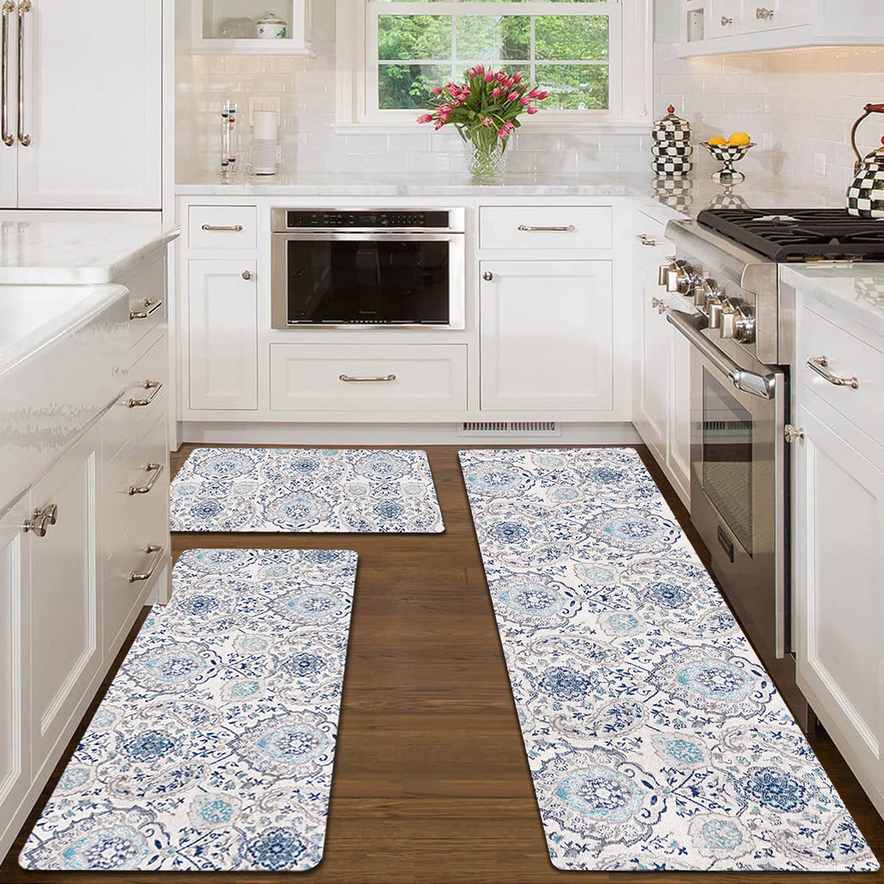 MELAJIA Boho Kitchen Rugs Sets of 3 Non Slip Washable Laundry Room Rubber Mat Kitchen Mats Set for Floor Easy to Clean Low-Profile Runner Rug for Hallway Bathroom Bedroom Entryway