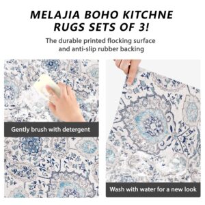 MELAJIA Boho Kitchen Rugs Sets of 3 Non Slip Washable Laundry Room Rubber Mat Kitchen Mats Set for Floor Easy to Clean Low-Profile Runner Rug for Hallway Bathroom Bedroom Entryway