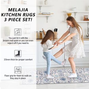 MELAJIA Boho Kitchen Rugs Sets of 3 Non Slip Washable Laundry Room Rubber Mat Kitchen Mats Set for Floor Easy to Clean Low-Profile Runner Rug for Hallway Bathroom Bedroom Entryway