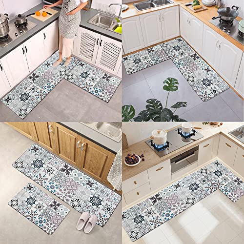 Menoeceus Kitchen Rug Anti Fatigue Mat 2 Piece Kitchen Rugs and Mats Non Skid Washable Kitchen Mat Floor Runner Set PU Foam Rugs Floor Carpet for Sink Laundry Bathroom Waterproof Standing Mat