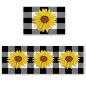 T&H XHome Kitchen Rugs Set 2 Pieces,Farm Sunflower Buffalo Plaid Black and White Non-Skid Dots Rubber Backing Kitchen Cushioned Mats Doormats