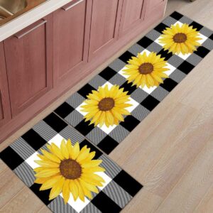 T&H XHome Kitchen Rugs Set 2 Pieces,Farm Sunflower Buffalo Plaid Black and White Non-Skid Dots Rubber Backing Kitchen Cushioned Mats Doormats