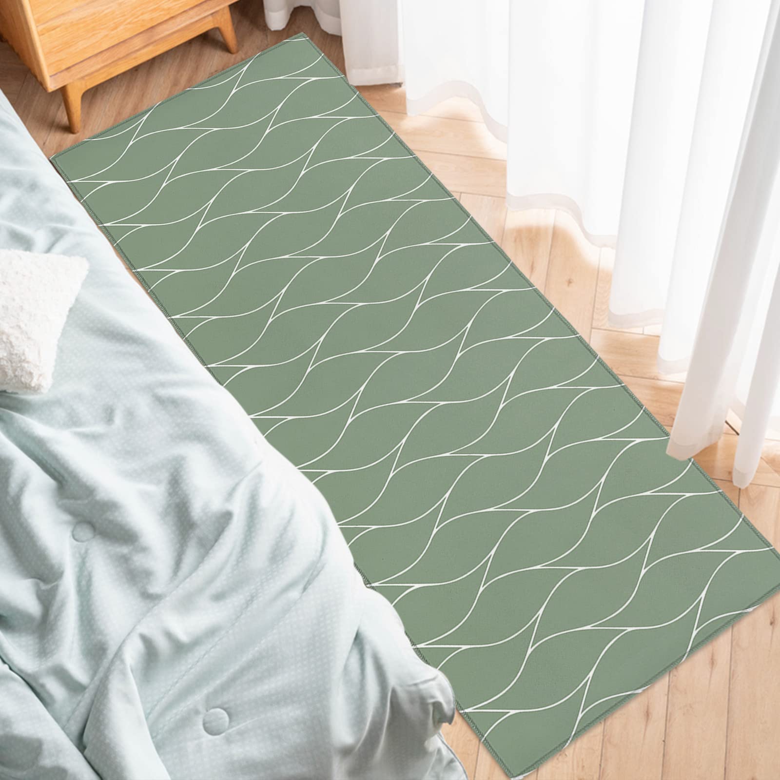 Kitchen Runner Rug, Farmhouse Decoration Sage Green Geometric Pattern Non Slip Runner Carpet Door Mats Floor Mat for Laundry Bedside Bathroom Bedroom 19.7"X63"