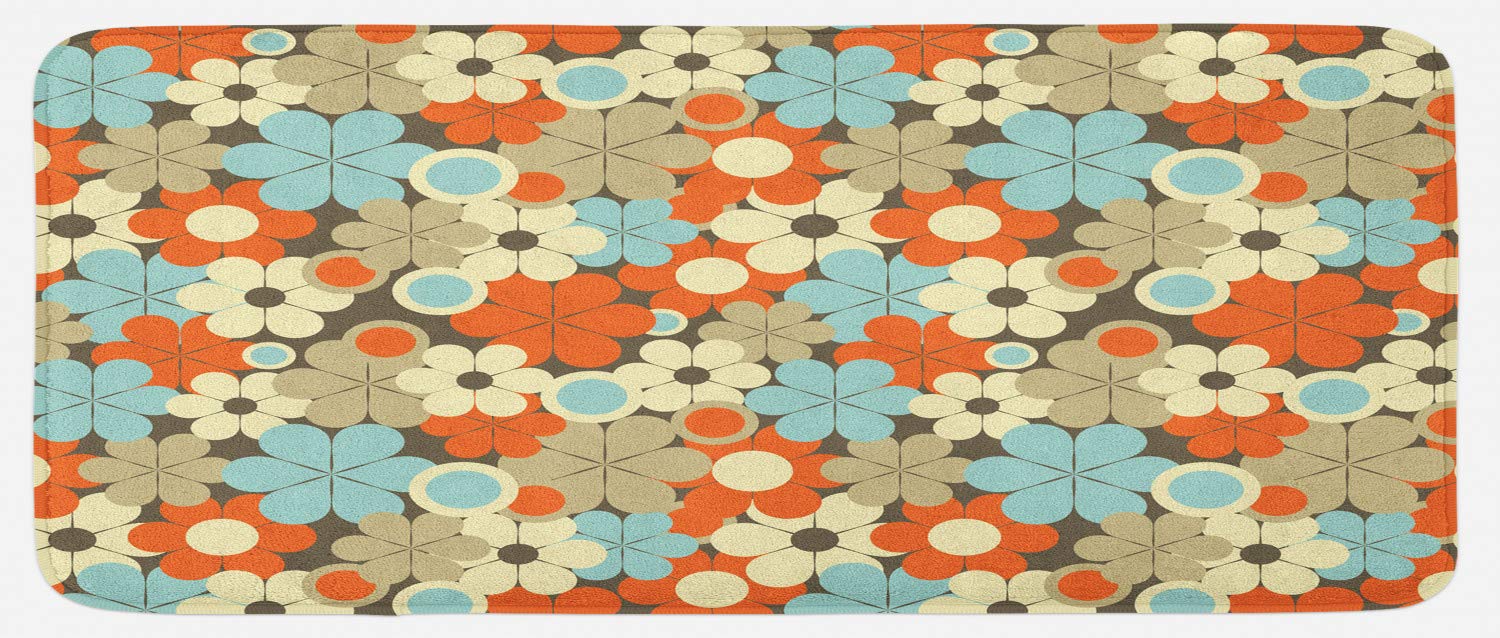 Ambesonne Floral Kitchen Mat, Retro Flower Pattern Simplistic Designed Petals Fragrance Essence Circle Theme, Plush Decorative Kitchen Mat with Non Slip Backing, 47" X 19", Orange Cream