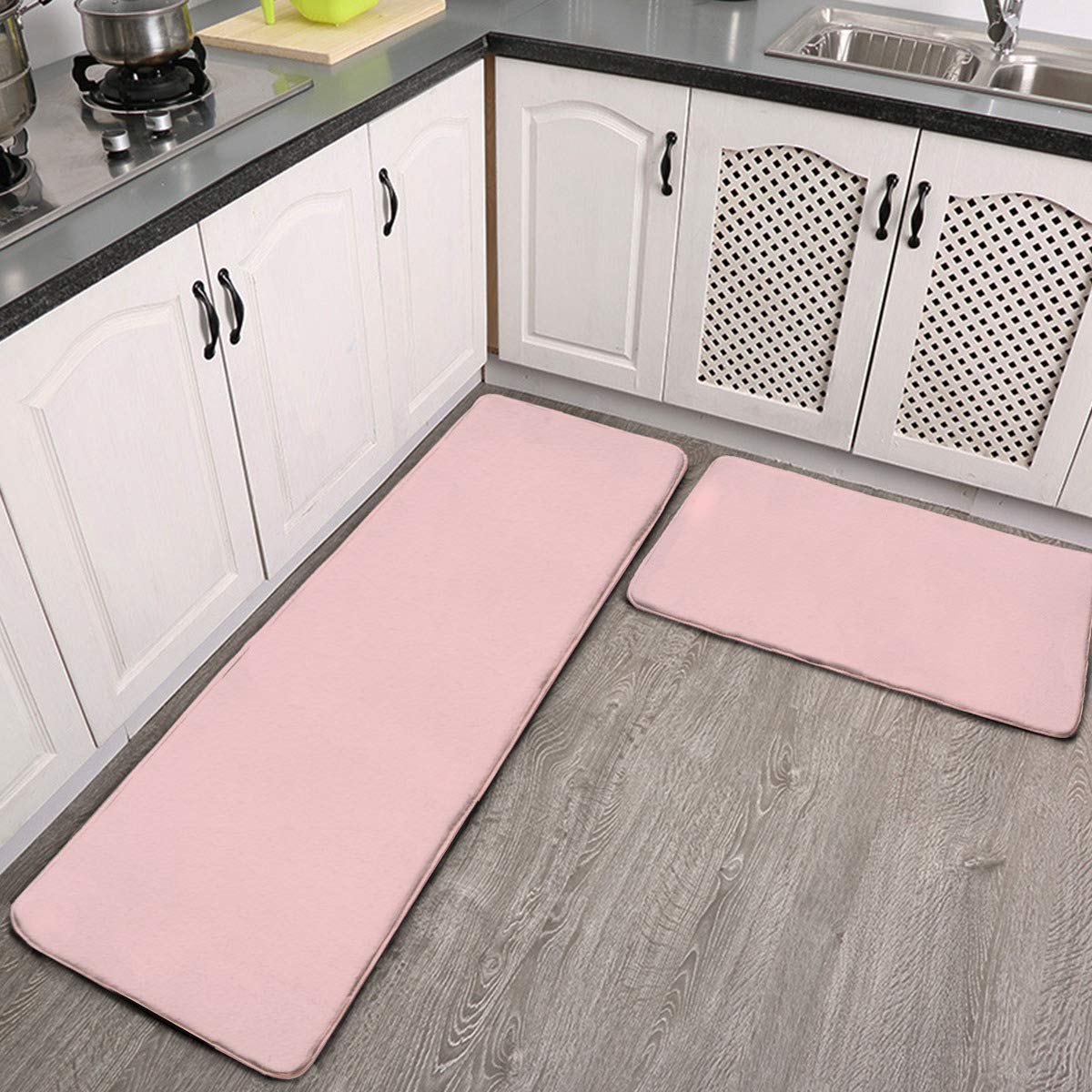 Midetoy Kitchen Rugs and Mats Set Light Pink Anti Fatigue Kitchen Rug Non Slip Floor Rugs Indoor Outdoor 17"X48"+17"X24"