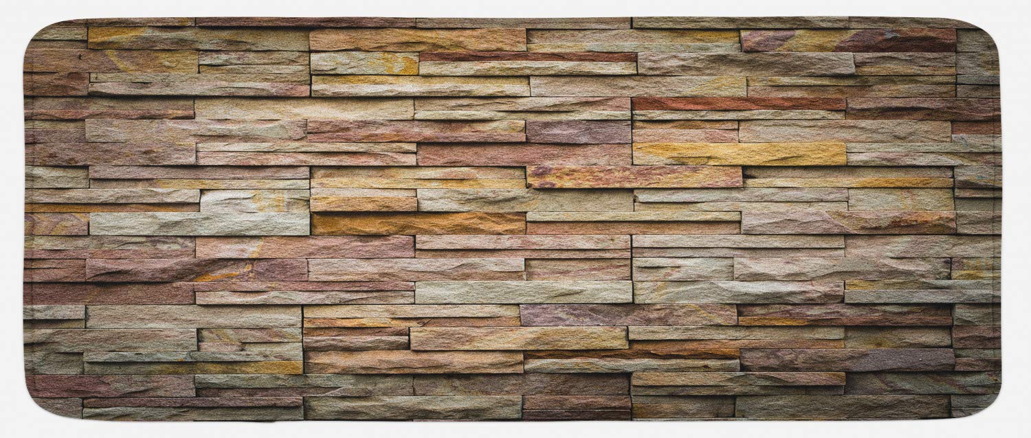 Ambesonne Marble Kitchen Mat, Urban Brick Slate Stone Wall Rocks Featured Facade Architecture Town Picture, Plush Decorative Kitchen Mat with Non Slip Backing, 47" X 19", Light Brown