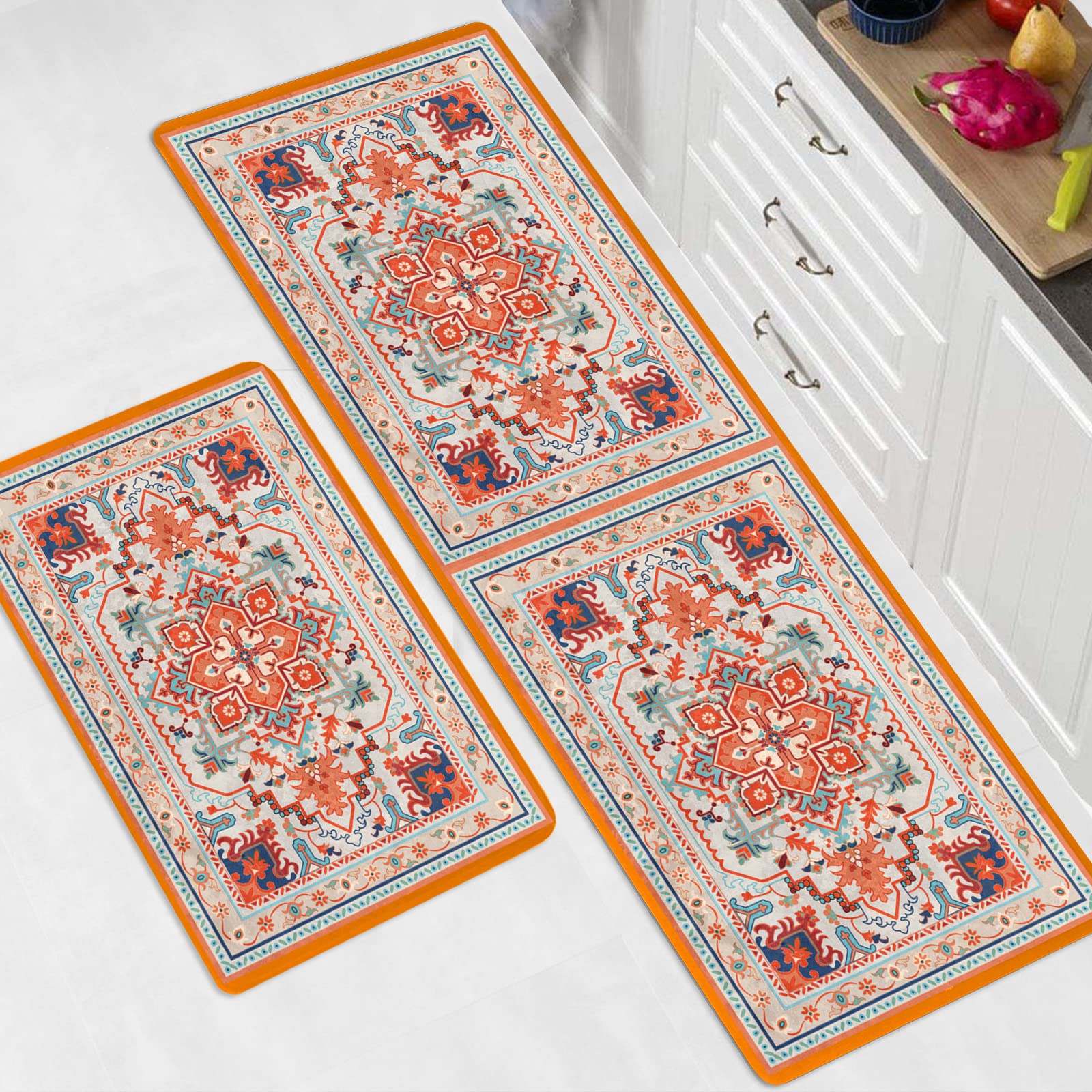 OBUSATT Boho Anti Fatigue Kitchen Rug and Mat Non-Slip Washable Boho Farmhouse Mats, Waterproof, Easy Clean Thick Kitchen Mat Set for Home, Office, Sink, Laundry Floor