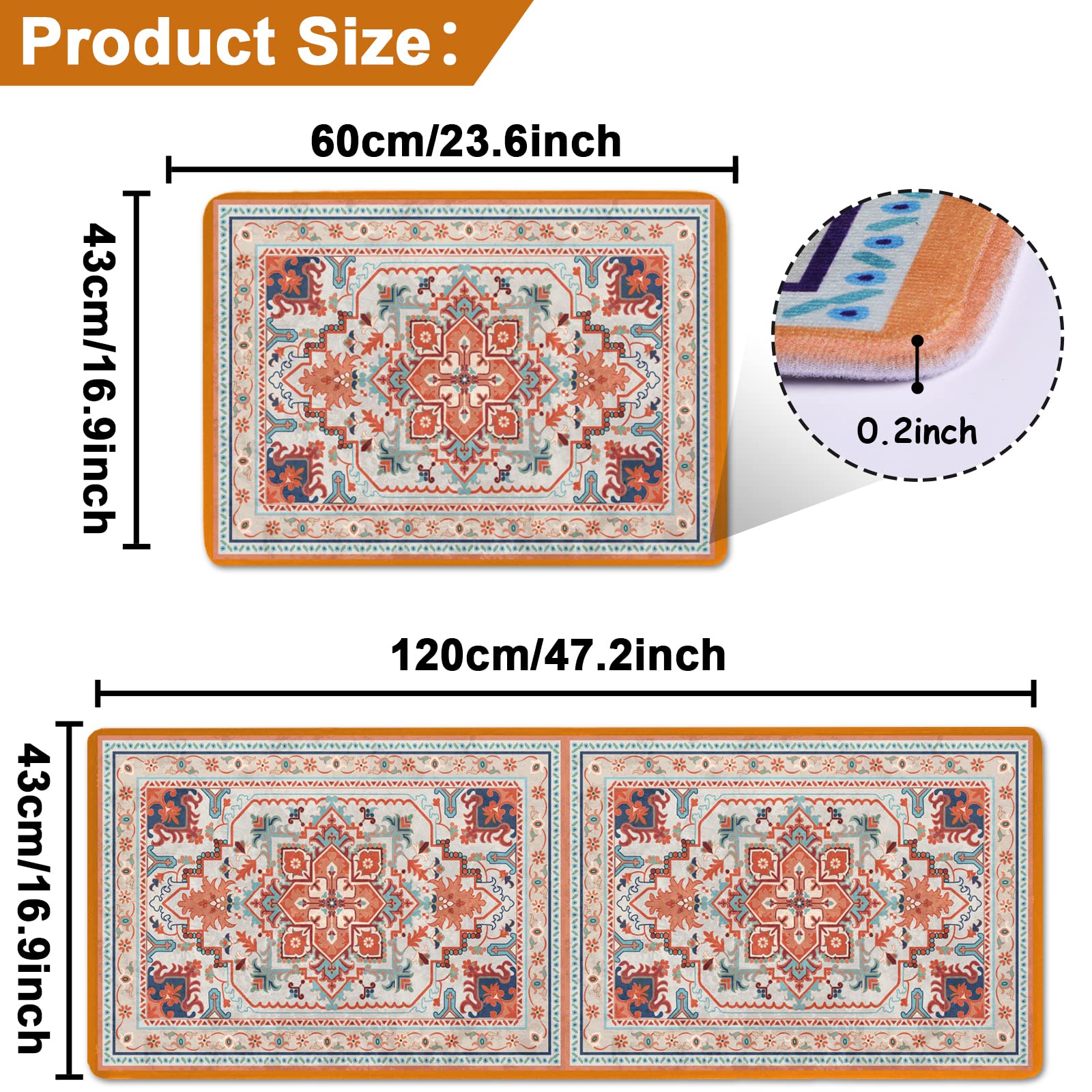 OBUSATT Boho Anti Fatigue Kitchen Rug and Mat Non-Slip Washable Boho Farmhouse Mats, Waterproof, Easy Clean Thick Kitchen Mat Set for Home, Office, Sink, Laundry Floor