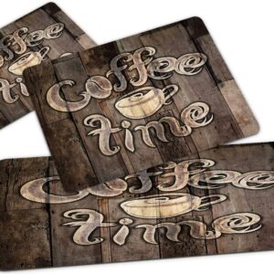 Vintage Kitchen Rug Sets 3 Piece Grunge Lettering Modern Coffee Time and Coffee Cup Retro Wood Farmhouse Floor Mats Washable Doormat Anti Fatigue Non-Slip Kitchen Runner Rugs Bedroom Area Carpet