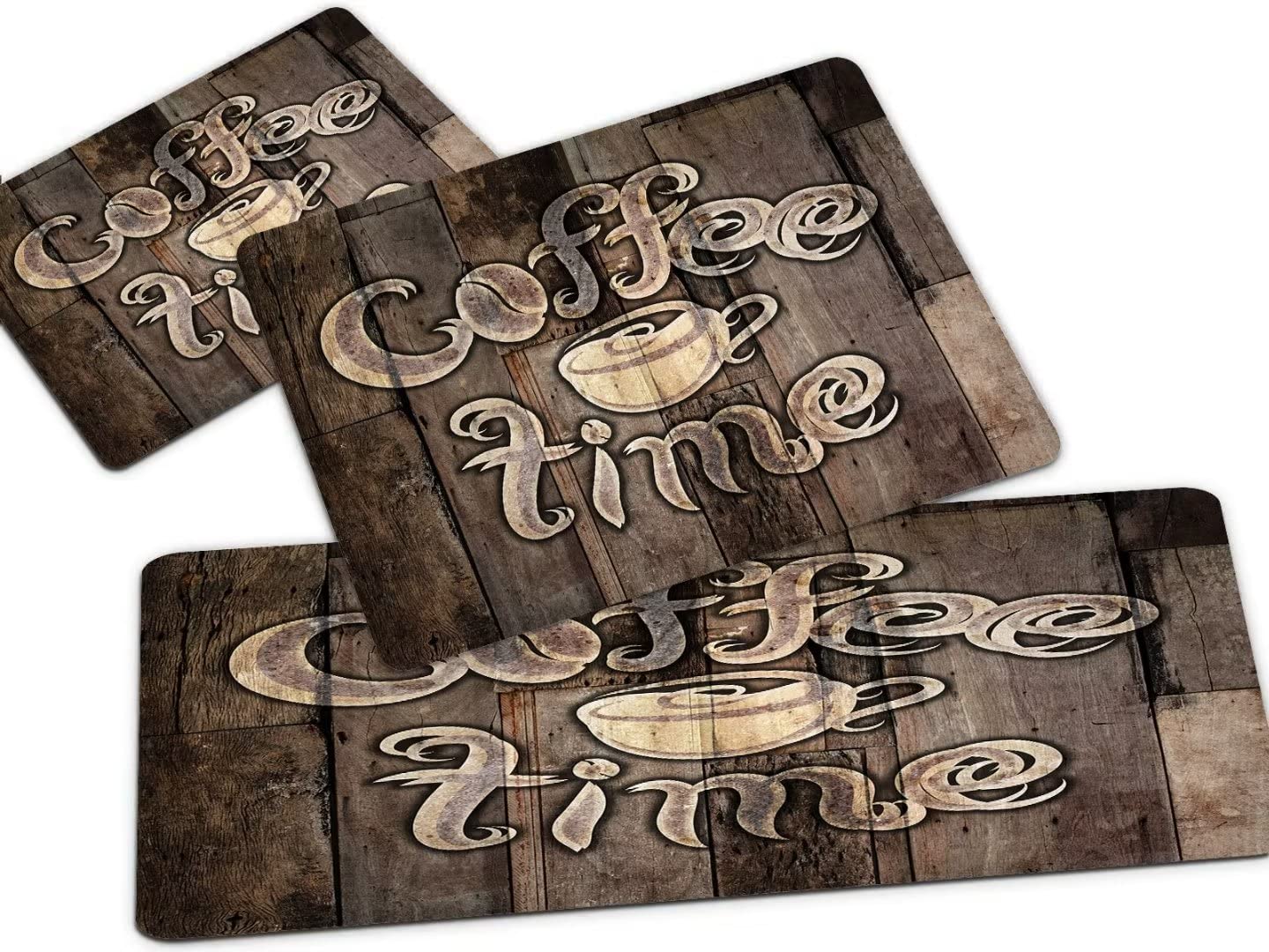 Vintage Kitchen Rug Sets 3 Piece Grunge Lettering Modern Coffee Time and Coffee Cup Retro Wood Farmhouse Floor Mats Washable Doormat Anti Fatigue Non-Slip Kitchen Runner Rugs Bedroom Area Carpet