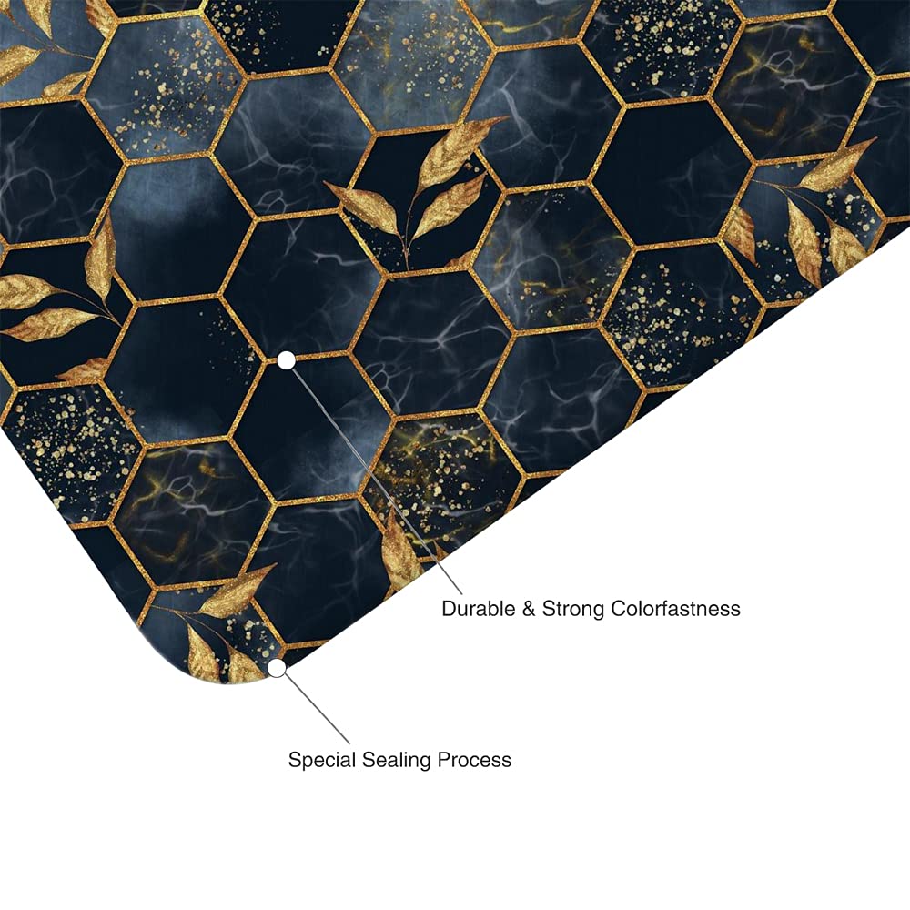 Colorful Star Geometric Marble Kitchen Mats Cushioned Anti Fatigue 2 Pieces Set Kitchen Floor Rugs Non-Slip Leather Standing Mat Comfort Runner Rug 17" Wx29 L+17" Wx47 L Hexagon Marble & Gold Leaves