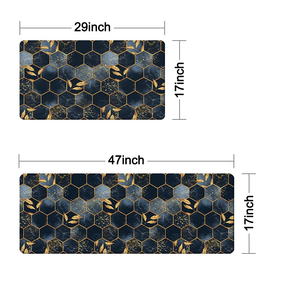 Colorful Star Geometric Marble Kitchen Mats Cushioned Anti Fatigue 2 Pieces Set Kitchen Floor Rugs Non-Slip Leather Standing Mat Comfort Runner Rug 17" Wx29 L+17" Wx47 L Hexagon Marble & Gold Leaves