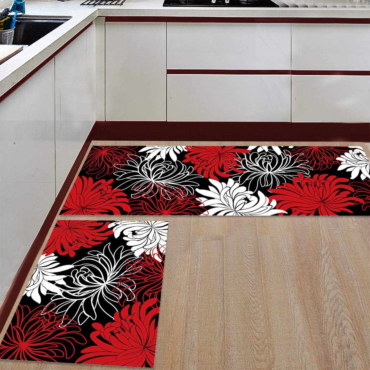 Kitchen Mats 2 Piece Set Non-slip Absorbent Kitchen Mat and Rug Comfort Standing Mats Abstract Floral Red Black and White Dahlia Floor Mats Runner Rug for Laundry Room, 15.7x23.6inch+15.7x47.2inch