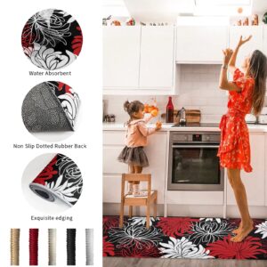 Kitchen Mats 2 Piece Set Non-slip Absorbent Kitchen Mat and Rug Comfort Standing Mats Abstract Floral Red Black and White Dahlia Floor Mats Runner Rug for Laundry Room, 15.7x23.6inch+15.7x47.2inch