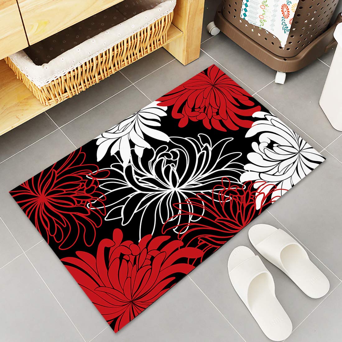 Kitchen Mats 2 Piece Set Non-slip Absorbent Kitchen Mat and Rug Comfort Standing Mats Abstract Floral Red Black and White Dahlia Floor Mats Runner Rug for Laundry Room, 15.7x23.6inch+15.7x47.2inch