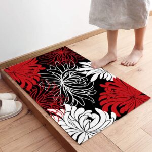 Kitchen Mats 2 Piece Set Non-slip Absorbent Kitchen Mat and Rug Comfort Standing Mats Abstract Floral Red Black and White Dahlia Floor Mats Runner Rug for Laundry Room, 15.7x23.6inch+15.7x47.2inch