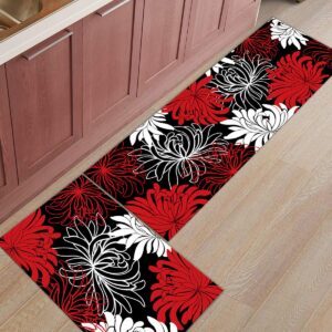 Kitchen Mats 2 Piece Set Non-slip Absorbent Kitchen Mat and Rug Comfort Standing Mats Abstract Floral Red Black and White Dahlia Floor Mats Runner Rug for Laundry Room, 15.7x23.6inch+15.7x47.2inch