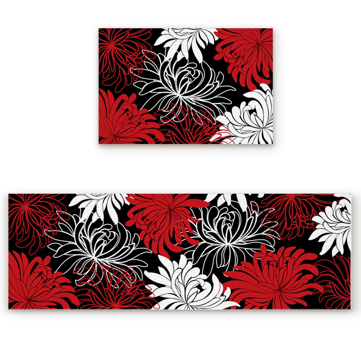 Kitchen Mats 2 Piece Set Non-slip Absorbent Kitchen Mat and Rug Comfort Standing Mats Abstract Floral Red Black and White Dahlia Floor Mats Runner Rug for Laundry Room, 15.7x23.6inch+15.7x47.2inch