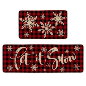 artoid mode buffalo plaid snow christmas kitchen rugs set of 2, let it snow xmas winter holiday party low-profile floor mat decorations for home kitchen - 17x29 and 17x47 inch