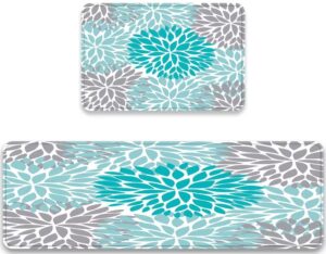 modern dahlia flowers kitchen rug set of 2 teal coral gray floor mats dahlia pinnata flower soft comfort standing mat anti fatigue non skid washable doormat bathroom runner rugs bedroom area carpet