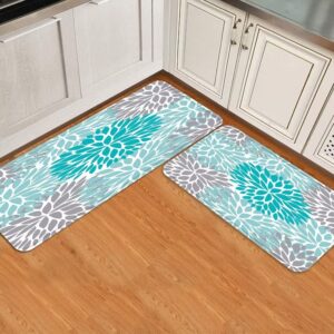 Modern Dahlia Flowers Kitchen Rug Set of 2 Teal Coral Gray Floor Mats Dahlia Pinnata Flower Soft Comfort Standing Mat Anti Fatigue Non Skid Washable Doormat Bathroom Runner Rugs Bedroom Area Carpet