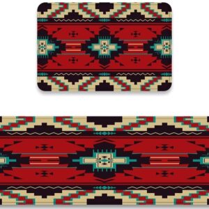 Rustic Southwestern Native American Kitchen Rug Sets 2 Piece with Runner Aztec Tribal Abstract Geometric Navajo Ethnic Vintage Kitchen Rugs and Mats Washable Bath Mat Non Slip Bedroom Area Carpet