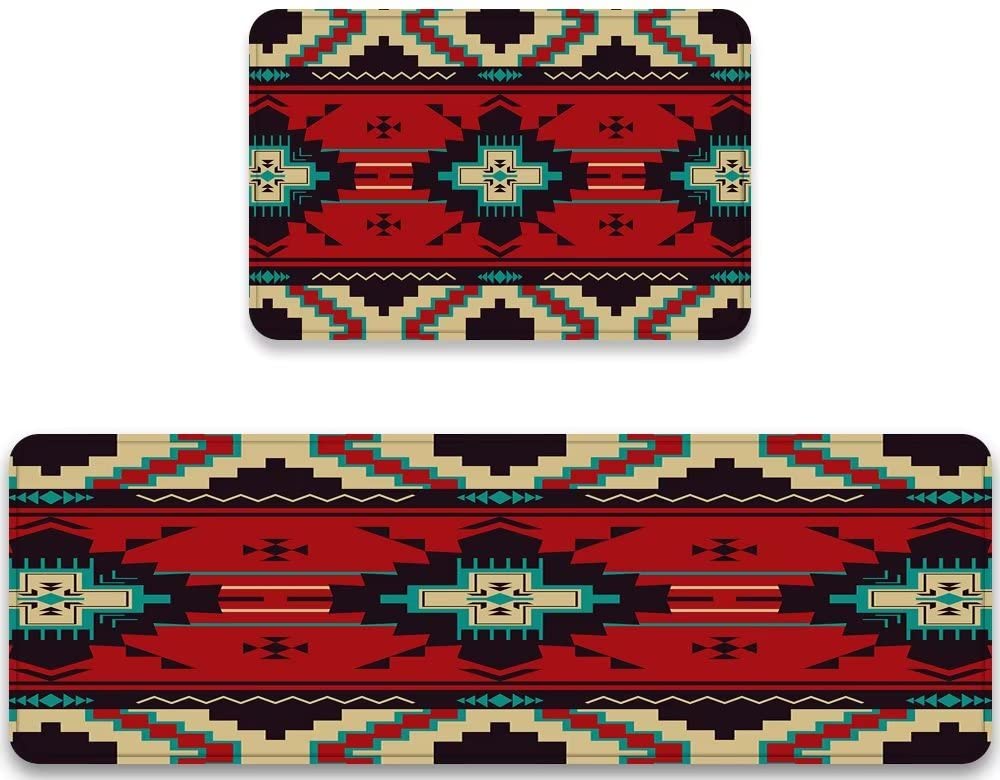 Rustic Southwestern Native American Kitchen Rug Sets 2 Piece with Runner Aztec Tribal Abstract Geometric Navajo Ethnic Vintage Kitchen Rugs and Mats Washable Bath Mat Non Slip Bedroom Area Carpet