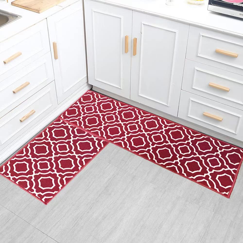 Magstonee 2 Pieces Kitchen Rug TPR Backing Mat for Doorway Bathroom Runner Rug Set (15"x23"+15"x47", Red)