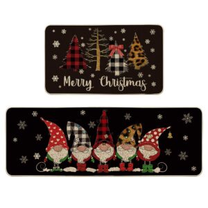 artoid mode buffalo plaid tree gnomes black christmas kitchen rugs set of 2, winter low-profile floor mat merry home decora for floor - 17x29 and 17x47 inch