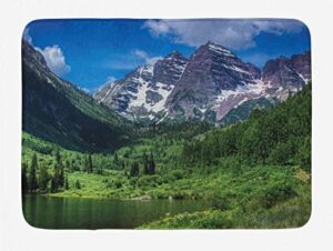 tree majestic mountains and fresh forest along calm river spring scene green and azure blue bath mats non-slip absorbent soft plush doormat decor bathroom rugs for kitchen bedroom floor mat 16x24 inch