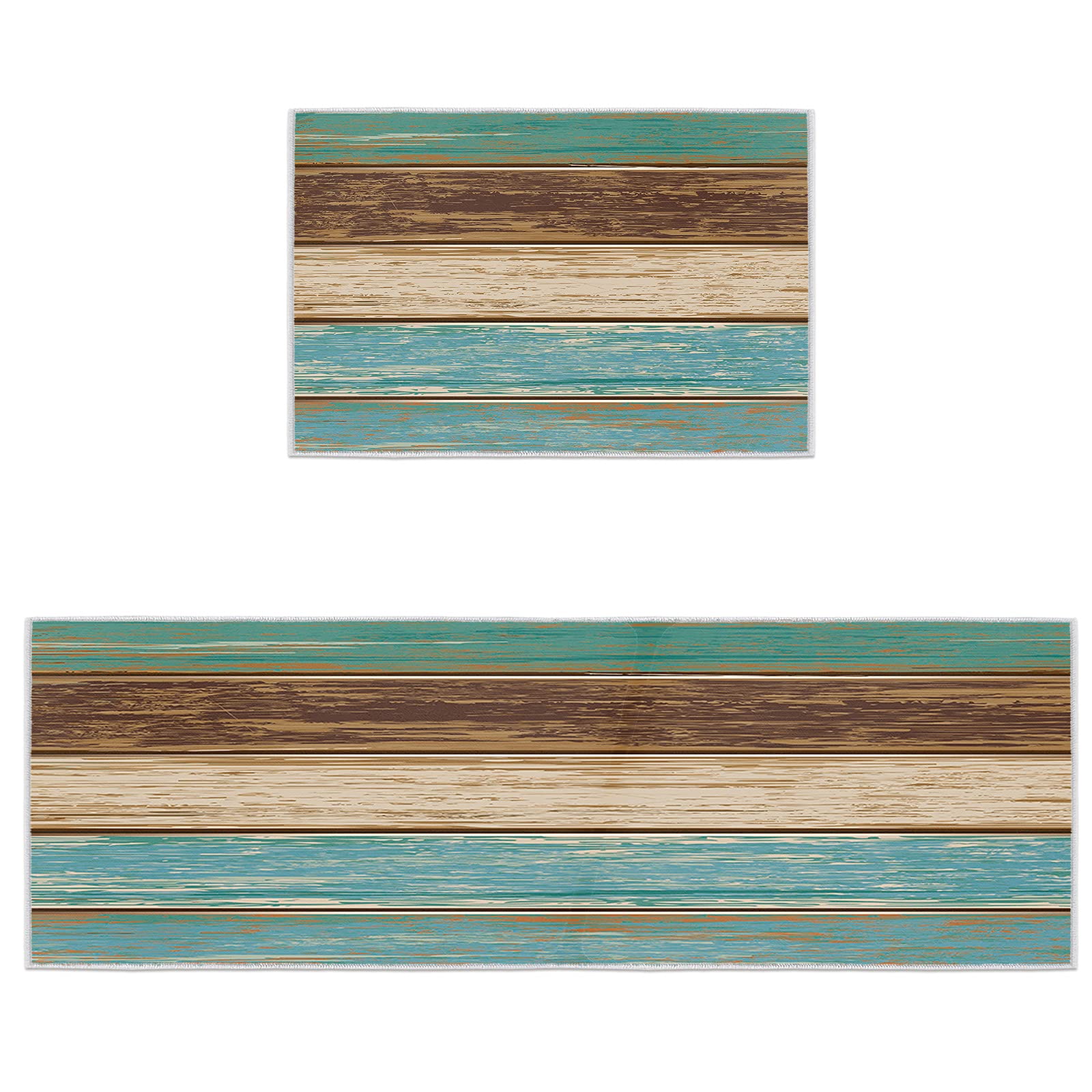 Rustic Teal Kitchen Rugs and Mats, Farmhouse Wood Board Turquoise Washable Runner Rug Non-Skid Carpet Area Mat for Kitchen, Non-Slip Beach Indoor Rubber Backing Accent Throw Low Pile Floor Doormat