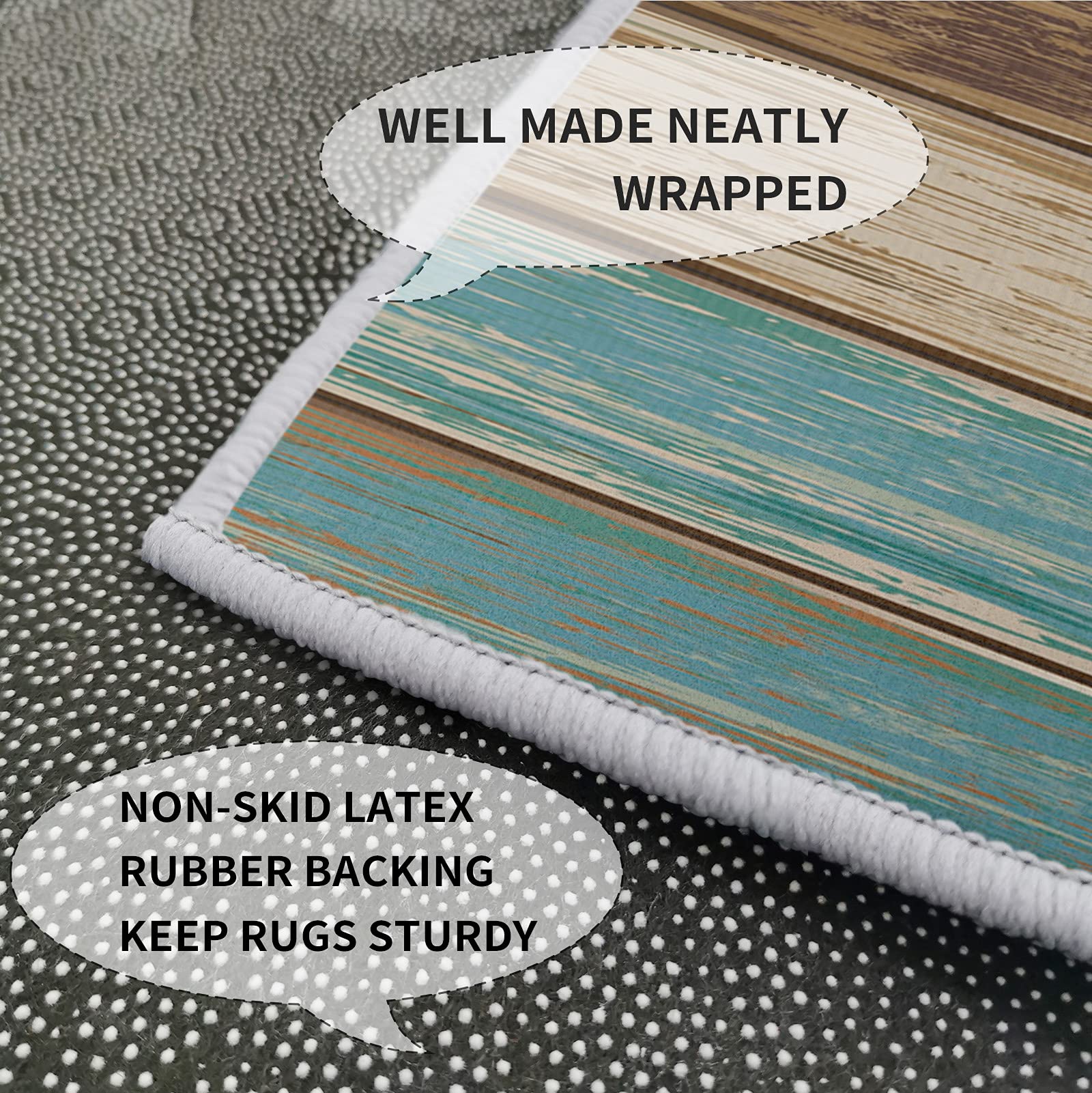 Rustic Teal Kitchen Rugs and Mats, Farmhouse Wood Board Turquoise Washable Runner Rug Non-Skid Carpet Area Mat for Kitchen, Non-Slip Beach Indoor Rubber Backing Accent Throw Low Pile Floor Doormat