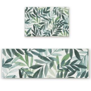 z&l home watercolor fresh green leaves kitchen rug sets 2 piece floor mat non-slip rubber backing area runners door mats, natural plant indoor washable carpet