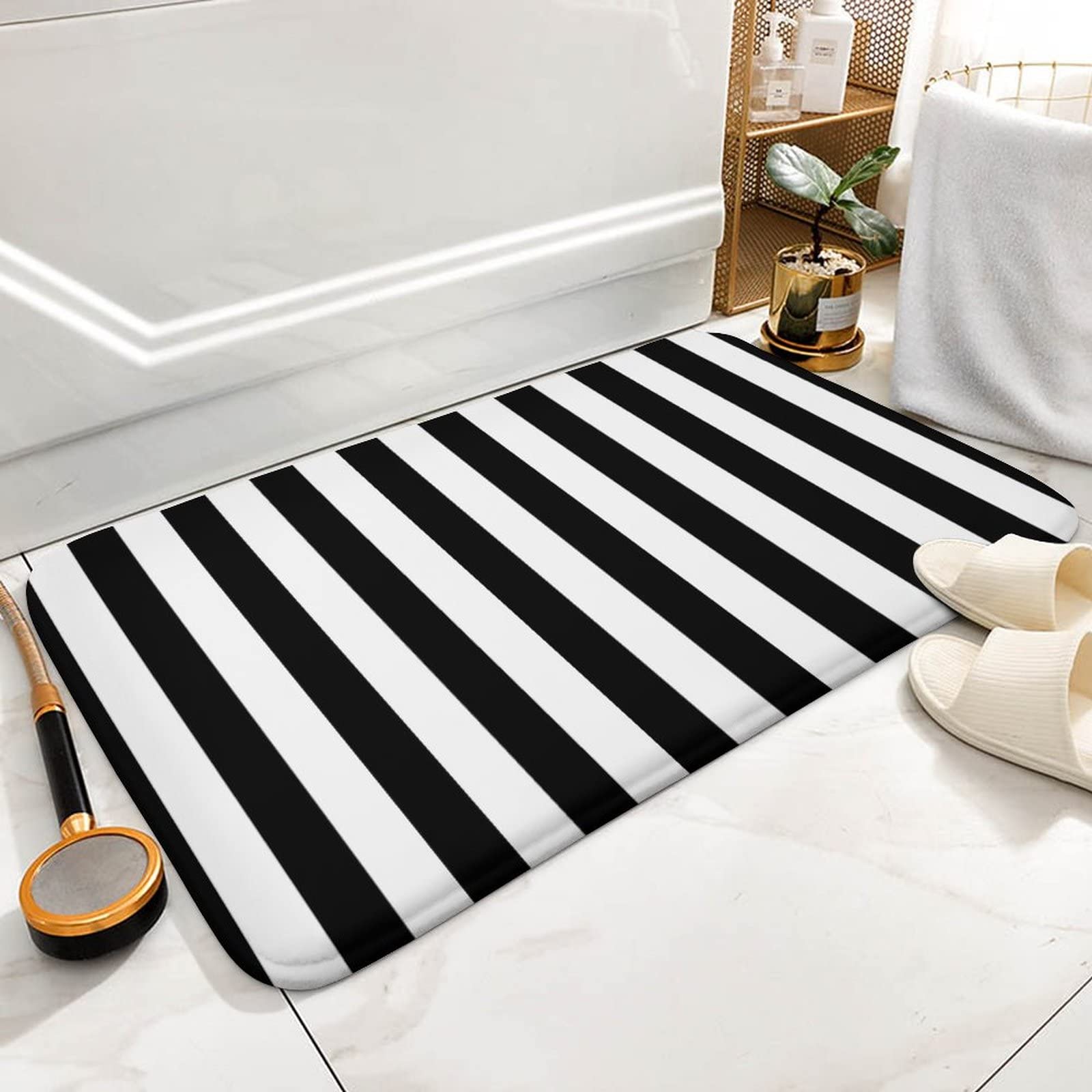 apular Black White Stripes Bath Rugs Absorbent Non Slip Door Mats Soft Carpet Washable Doormat for Kitchen Bathroom Entry Way Decor Accessories 16x24 Inch