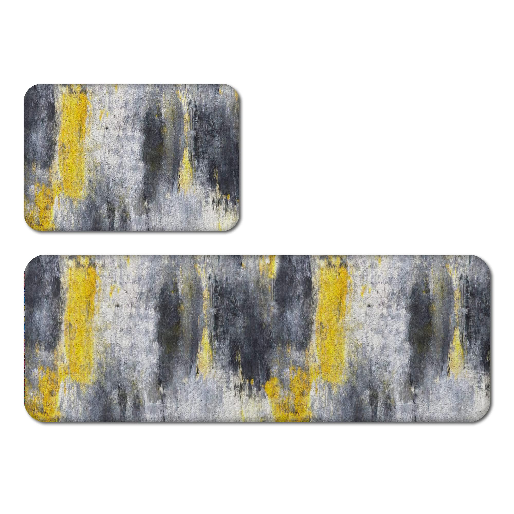 Subently 2PCS Yellow Ombre Kitchen Rugs Abstract Floor Runner Yellow and Gray Non-Slip Area Carpets Mustard Grunge Kitchen Mat Set for Farmhouse Bathroom Laundry 16" x 47"