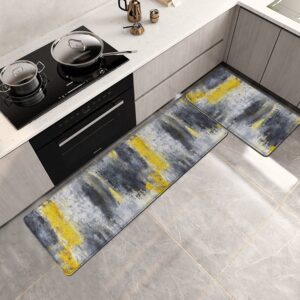 Subently 2PCS Yellow Ombre Kitchen Rugs Abstract Floor Runner Yellow and Gray Non-Slip Area Carpets Mustard Grunge Kitchen Mat Set for Farmhouse Bathroom Laundry 16" x 47"