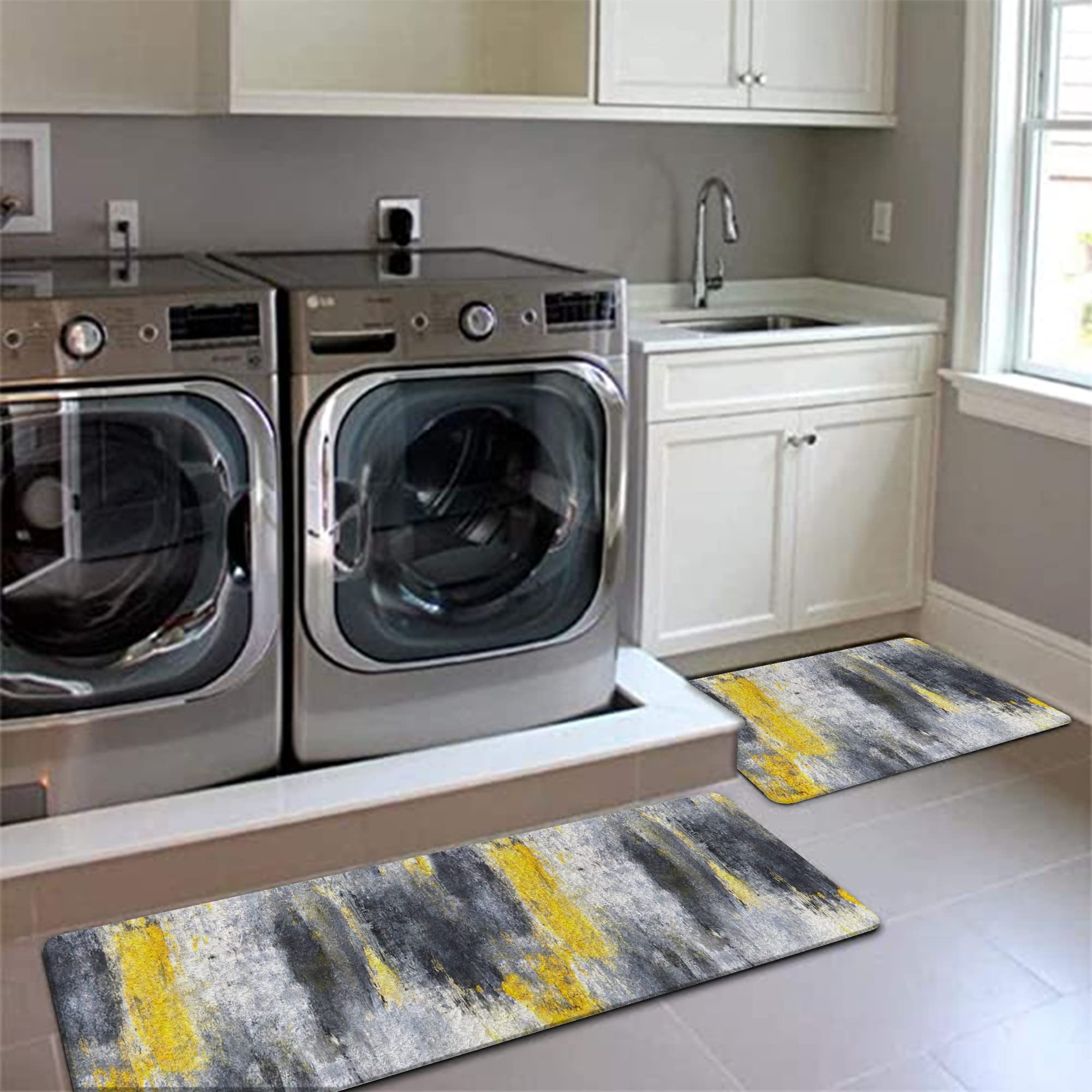 Subently 2PCS Yellow Ombre Kitchen Rugs Abstract Floor Runner Yellow and Gray Non-Slip Area Carpets Mustard Grunge Kitchen Mat Set for Farmhouse Bathroom Laundry 16" x 47"