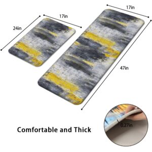 Subently 2PCS Yellow Ombre Kitchen Rugs Abstract Floor Runner Yellow and Gray Non-Slip Area Carpets Mustard Grunge Kitchen Mat Set for Farmhouse Bathroom Laundry 16" x 47"