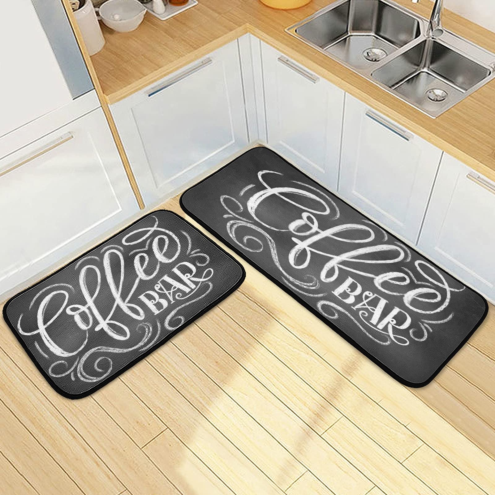 MCHIVER Coffee Bar Kitchen Rugs Set Anti Fatigue Kitchen Mat 2 Pieces for Floor Non-Slip Cushioned Runner Rug Standing Mat for Kitchen Sink Laundry Bathroom Home Decor