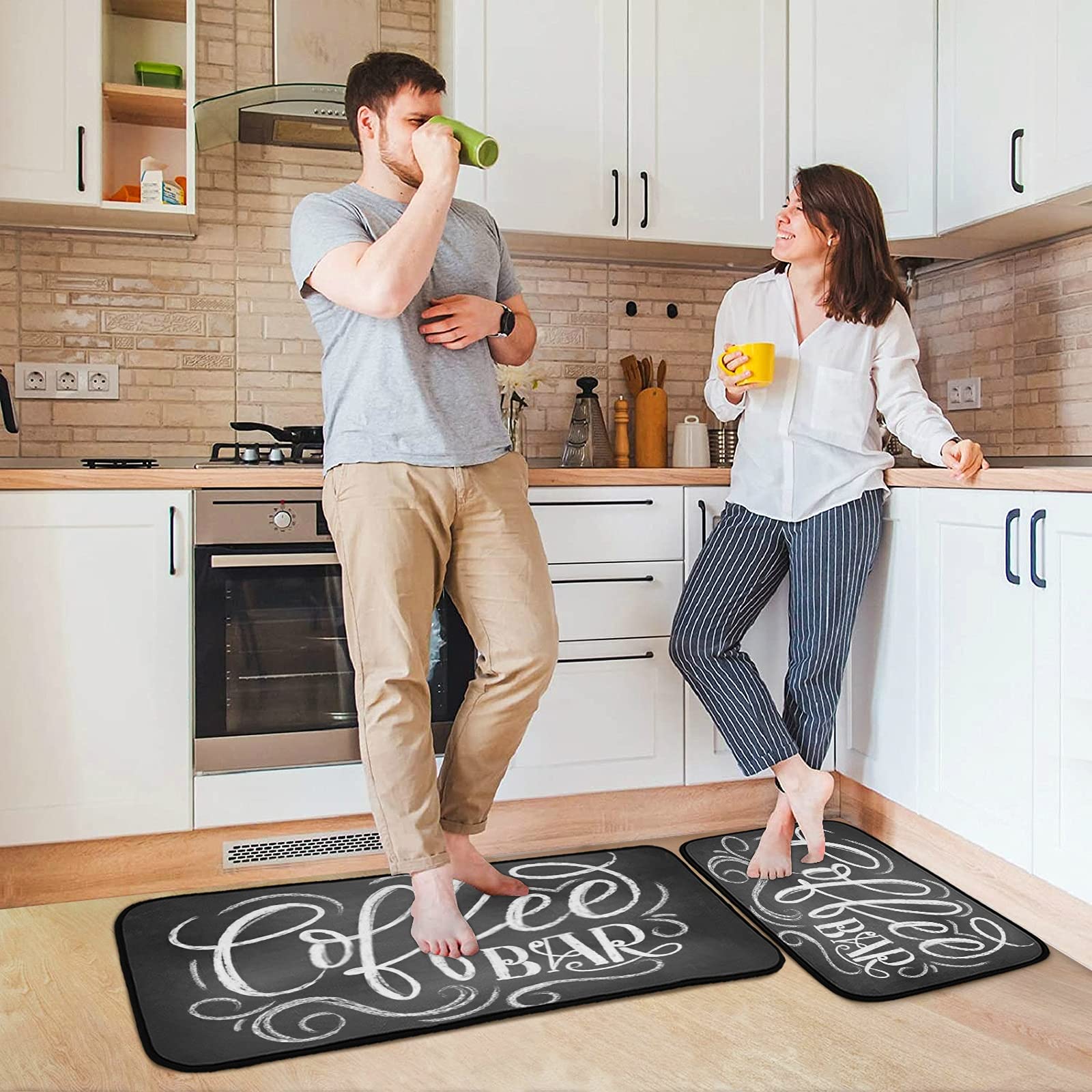 MCHIVER Coffee Bar Kitchen Rugs Set Anti Fatigue Kitchen Mat 2 Pieces for Floor Non-Slip Cushioned Runner Rug Standing Mat for Kitchen Sink Laundry Bathroom Home Decor