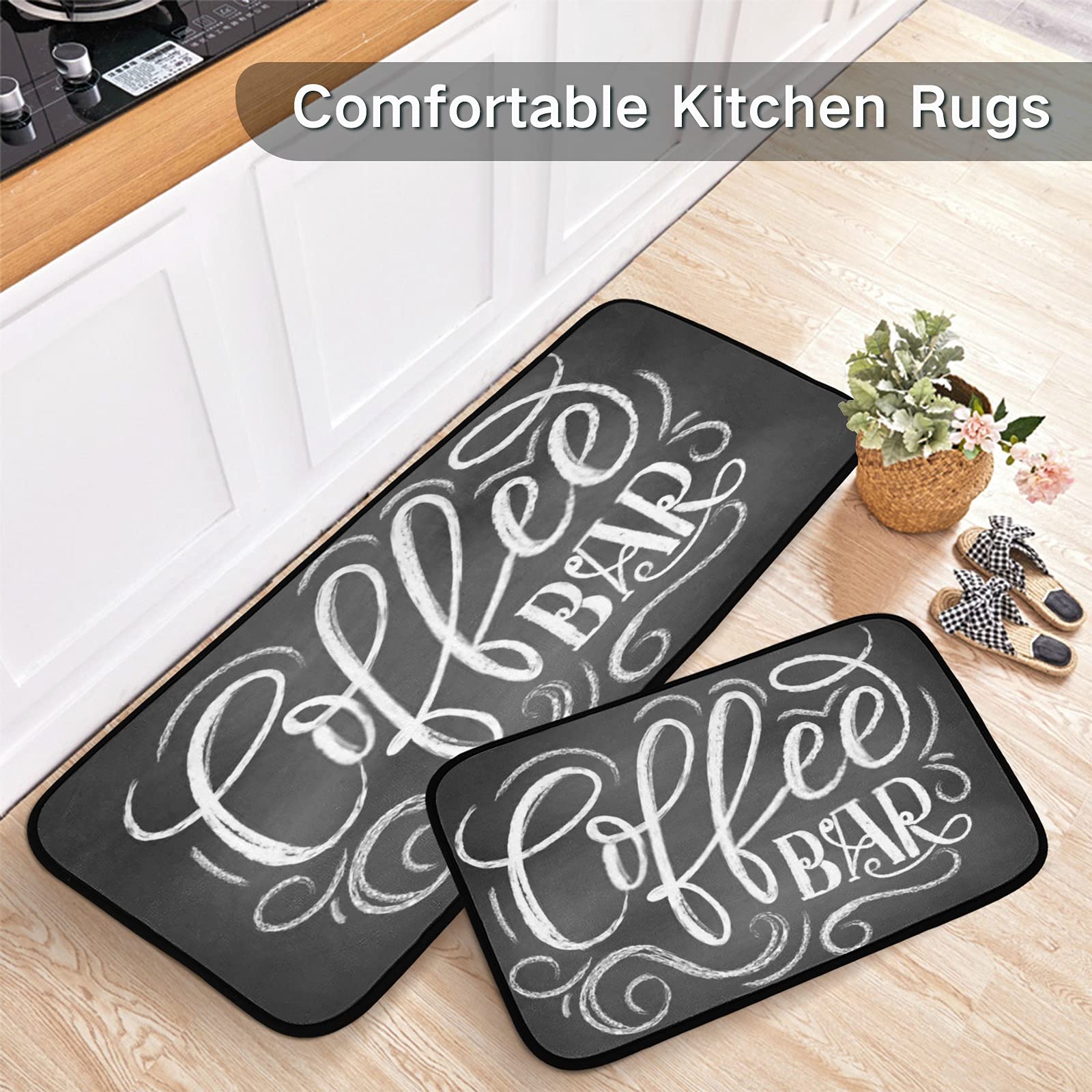 MCHIVER Coffee Bar Kitchen Rugs Set Anti Fatigue Kitchen Mat 2 Pieces for Floor Non-Slip Cushioned Runner Rug Standing Mat for Kitchen Sink Laundry Bathroom Home Decor