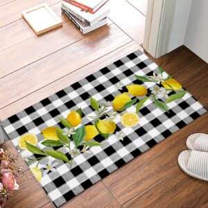 door mat for bedroom decor, summer lemon black buffalo plaid floor mats, holiday rugs for living room, absorbent non-slip bathroom rugs home decor kitchen mat area rug 18x30 inch