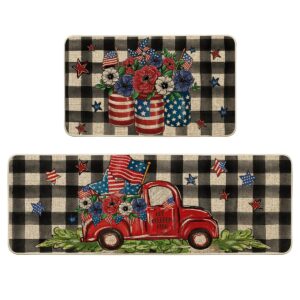 artoid mode watercolor buffalo plaid vase stars truck kitchen mats set of 2, 4th of july patriotic liberty decorations for home kitchen - 17x29 and 17x47 inch