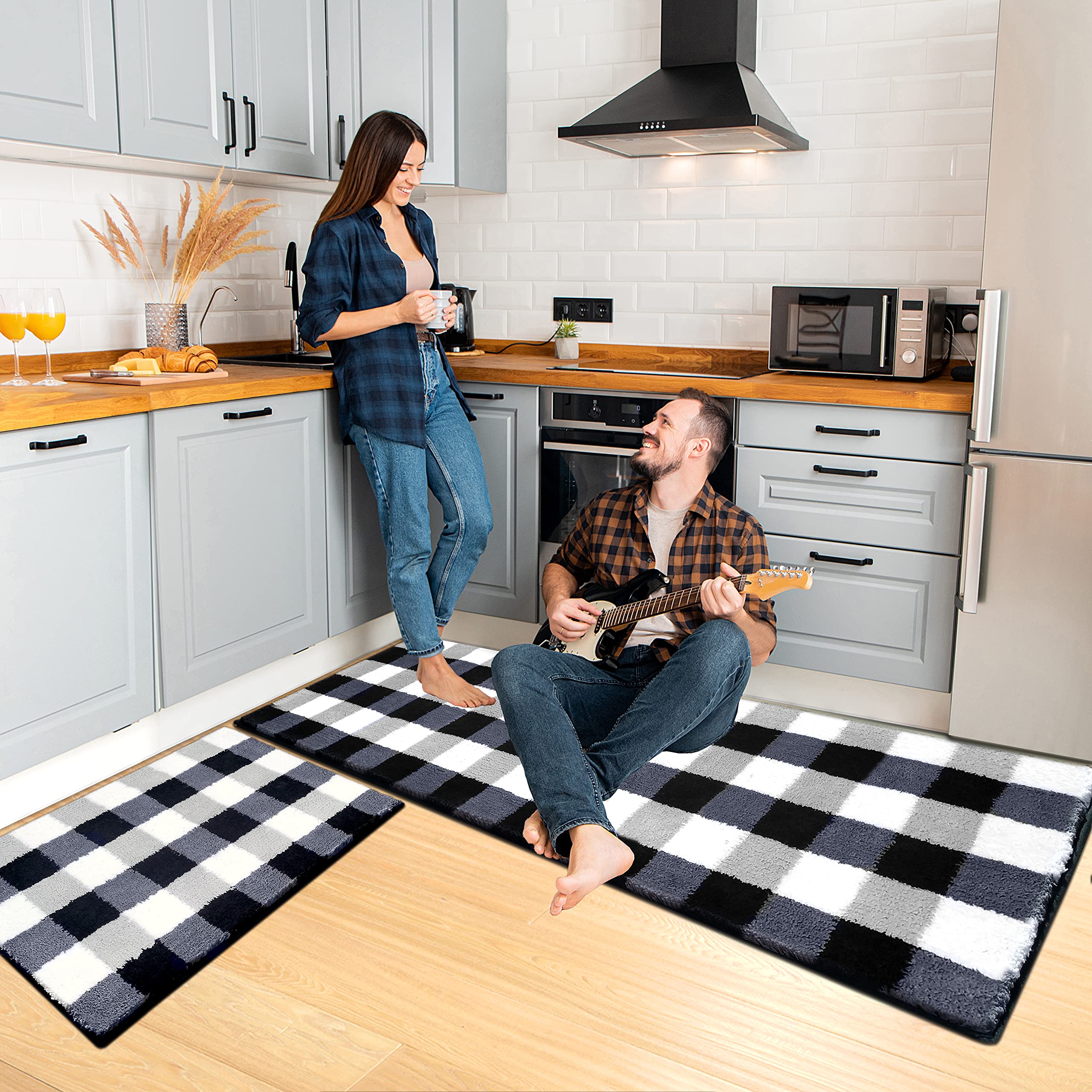 EARTHALL Buffalo Plaid Bathroom Rug Set 2 Pieces 20”x30”+20”x60”, Non Skid Washable Microfiber, Soft Absorbent Kitchen Rugs and Mats Set for Floor, Kitchen, Hallway, Bathroom, Laundry, Office