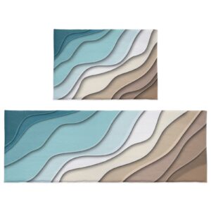 Abstract Ombre Kitchen Mat Set of 2, Beach Geometric Gradient Turquoise Brown Cream Microfiber Kitchen Rug TPR Non-Slip Backing Doormat Runner Rug Set Comfort Floor Mat, (18" x 30"+18" x 48")