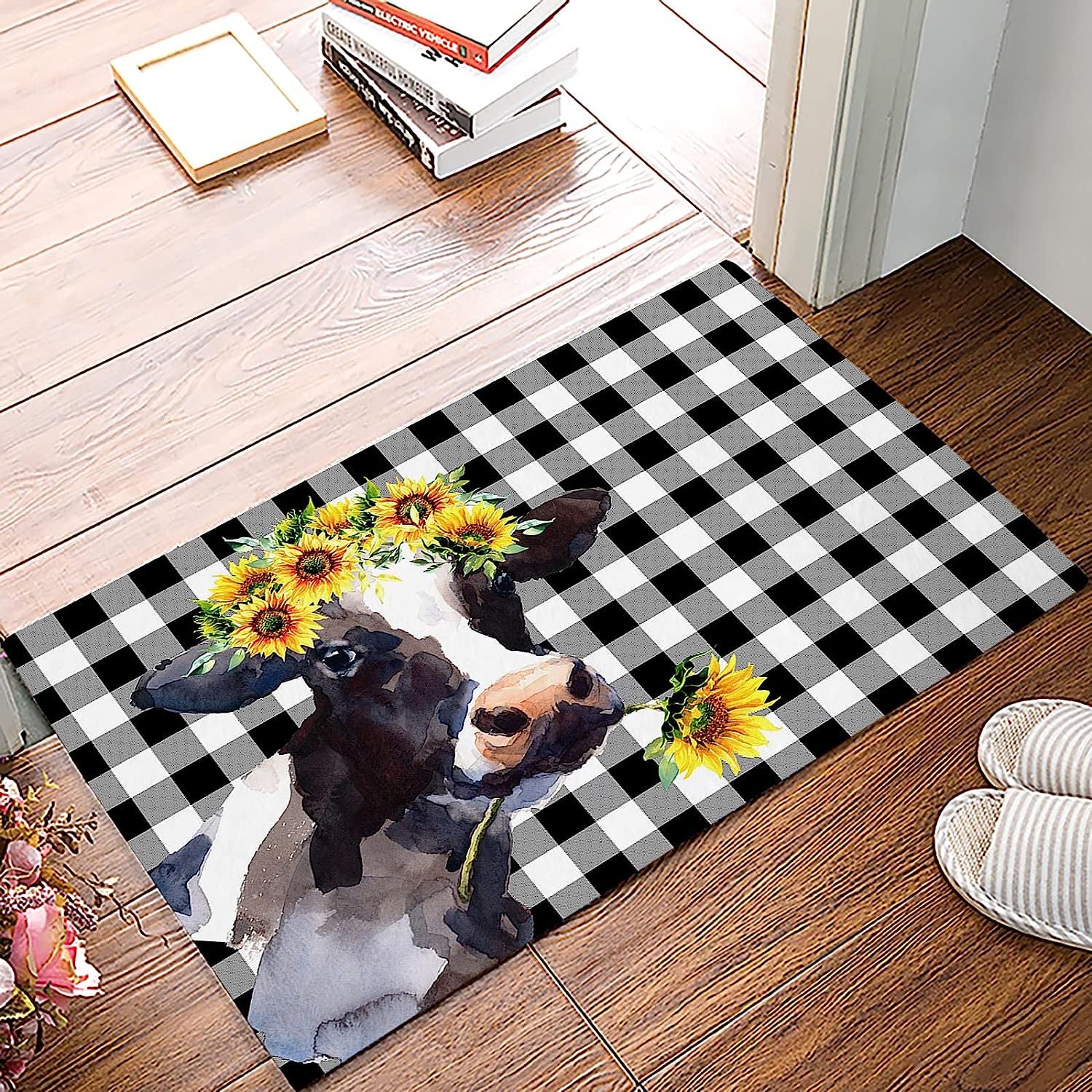 Cow Farm Animal Yellow Sunflower Cow Buffalo Check Black White Entrance Way Rugs Doormats Soft Non-Slip Washable Bath Rugs Floor Mats for Home Bathroom Kitchen 16X24 Inch