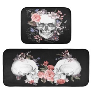 cataku halloween skull kitchen rugs sets of 2 non slip kitchen mat floral skull polyester area rugs set floor mats washable carpet mat comfort standing mat for kitchen laundry sink office